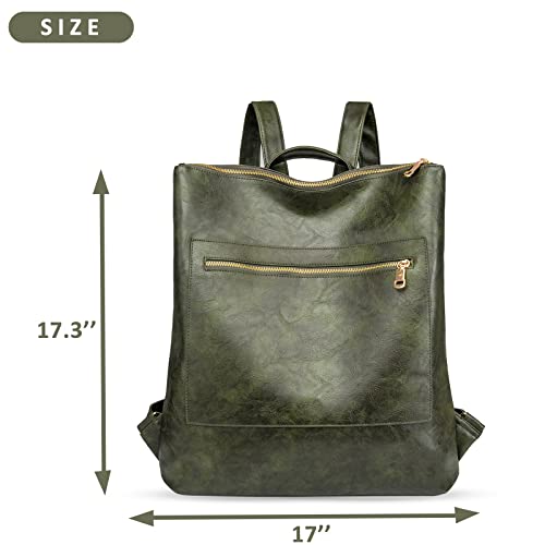 QTKJ Leather Backpack, Large Leather Purse, Vegan Leather Handbag, with Adjustable Shoulder Strap, Tote Bag for Women Travel, Work, Vacation, Green