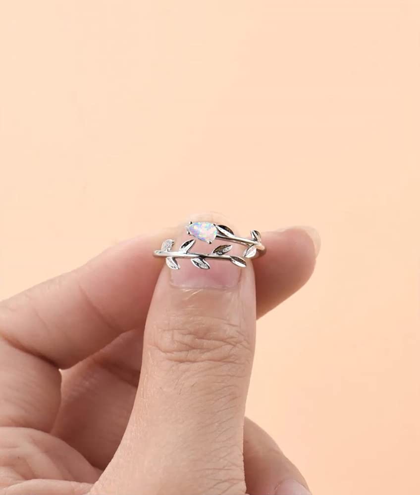 PRAYMOS 925 Sterling Silver Leaf Ring White Opal Rings for Women Adjustable Rings Wrap Opal Engagement Wedding Rings Size 7 8 9 Christmas Gifts for Women
