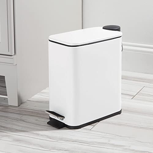 mDesign Slim Metal Rectangle 1.3 Gallon/5 Liter Trash Can with Step Pedal, Easy-Close Lid, Removable Liner - Narrow Wastebasket Garbage Container Bin for Bathroom, Bedroom, Kitchen - Matte White