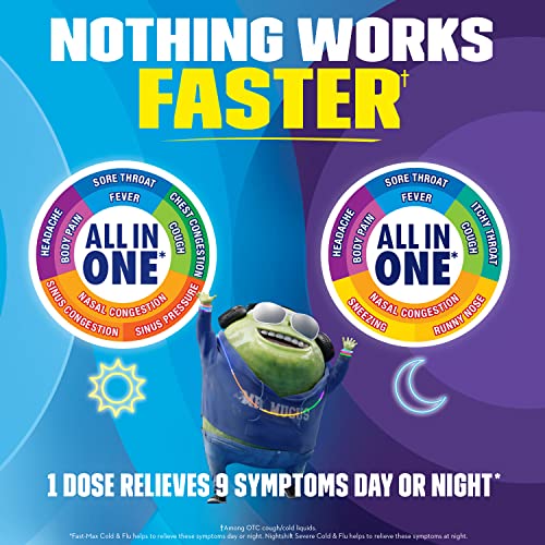 Mucinex Fast-Max Cold and Flu & Nightshift Severe Cold and Flu Medicine for Adults, Over-the-Counter Medication Combo Pack for Sore Throat Relief, Decongestant, Cough & Cold Medicines, 2 x 6 Fl Oz