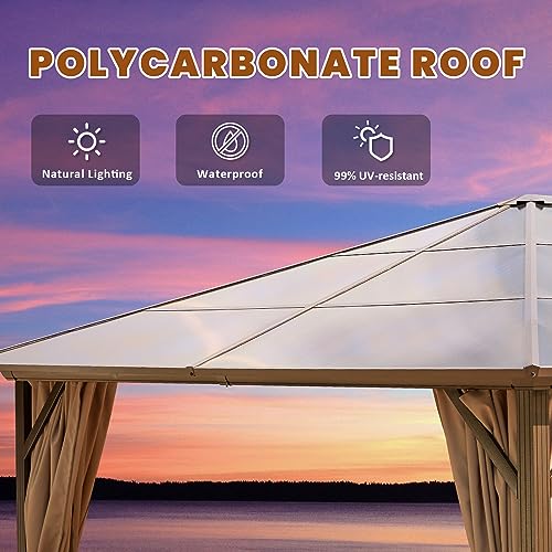 YOLENY 12'x14' Hardtop Gazebo, Outdoor Polycarbonate Roof Canopy, Aluminum Frame Permanent Pavilion with Curtains and Netting, Sunshade for Garden, Patio, Lawns
