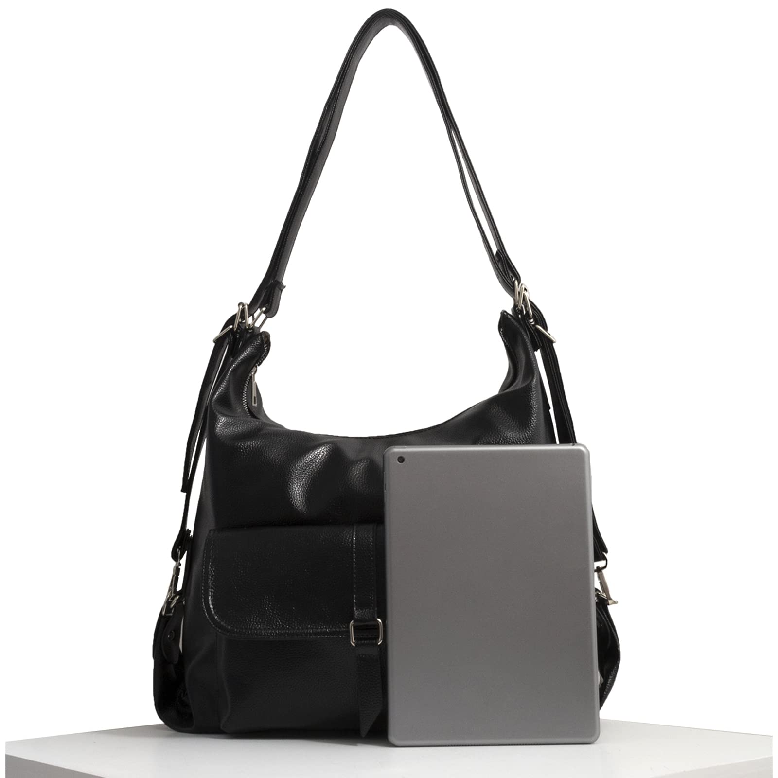 QTKJ Leather Backpack, Large Leather Shoulder Bag, Vegan Leather handbags with Adjustable Shoulder Strap, Multifunction Convertible Backpack for Women Travel Work Vacation, Black