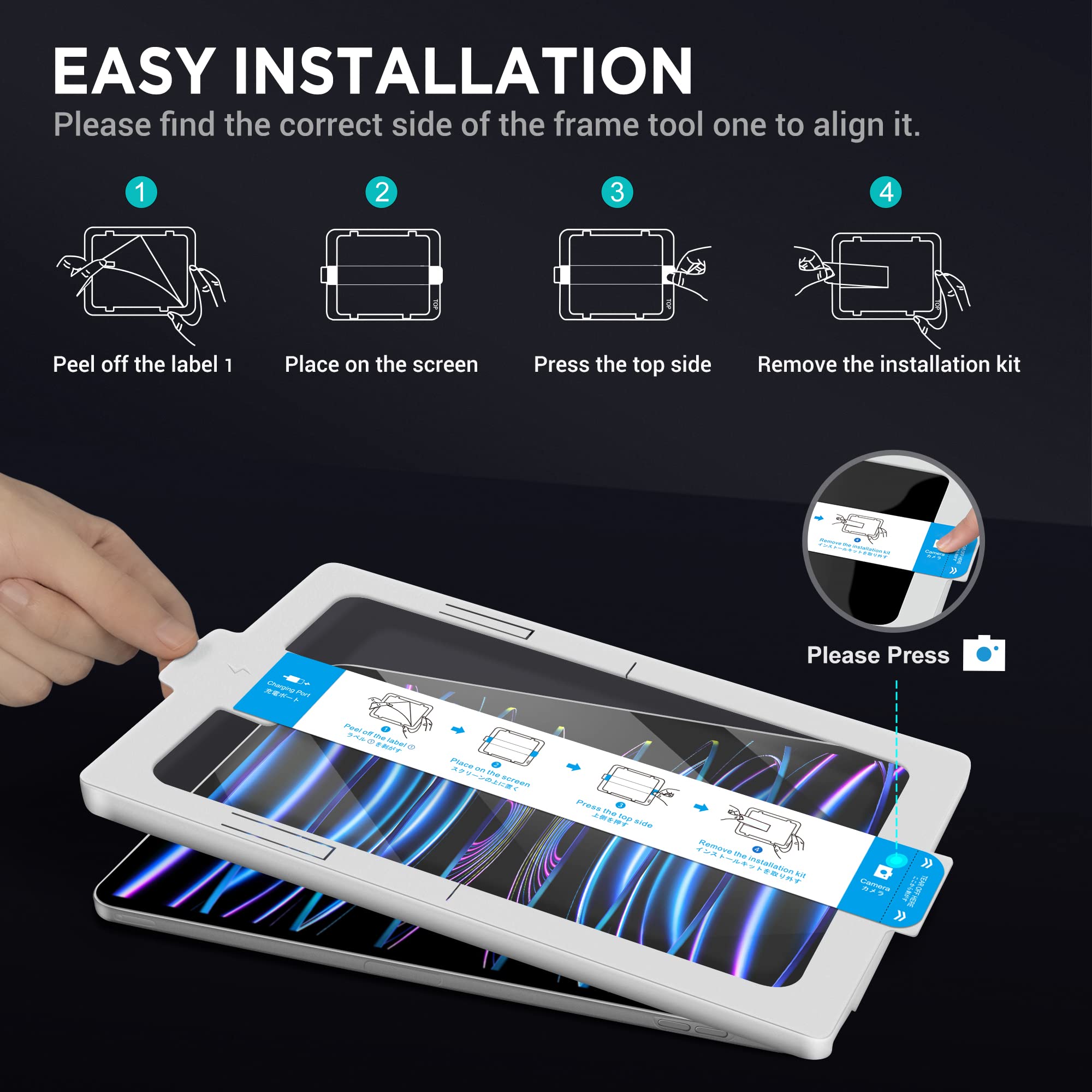KingBlanc [1-Touch Installation] Screen Protector for iPad Pro 12.9-inch (6th/5th/4th/3rd Generation) 2022/2021/2020/2018, Tempered Glass Film with Auto Alignment Kit, 2.5D Round Edge, Case Friendly