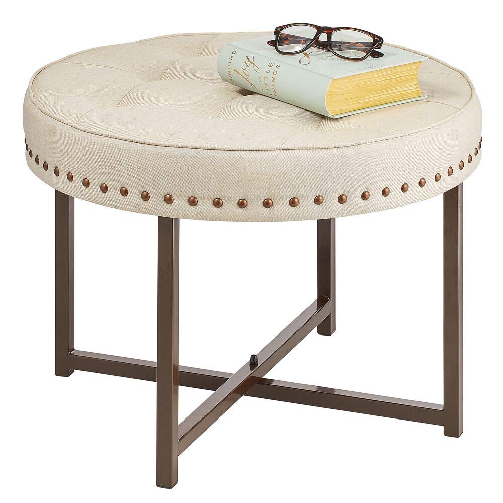 mDesign Small Household Round Padded Stool with Studs - Sleek, Modern Design - for use in Closet, Bedroom, Bathroom, Entryway, Home Office - Cream/Bronze