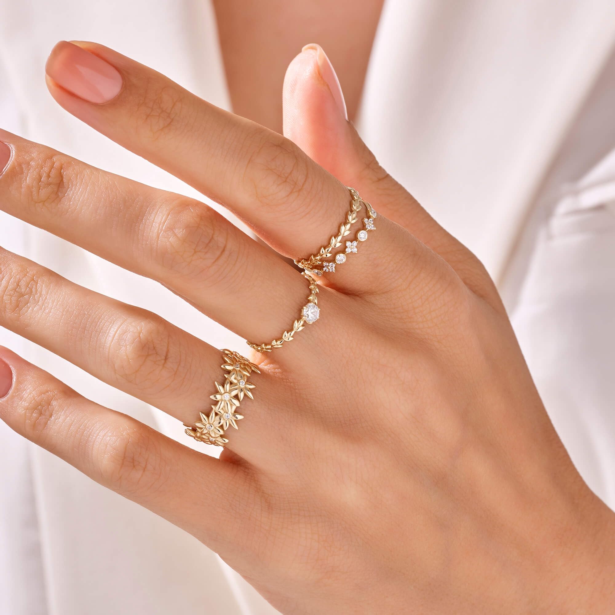 Norm Jewels Vine Wedding Rings for Women 14k Gold Stackable Rings Flower Wedding Band Solid Gold Rings That Don't Tarnish Dainty Stacking Rings (size, 7)
