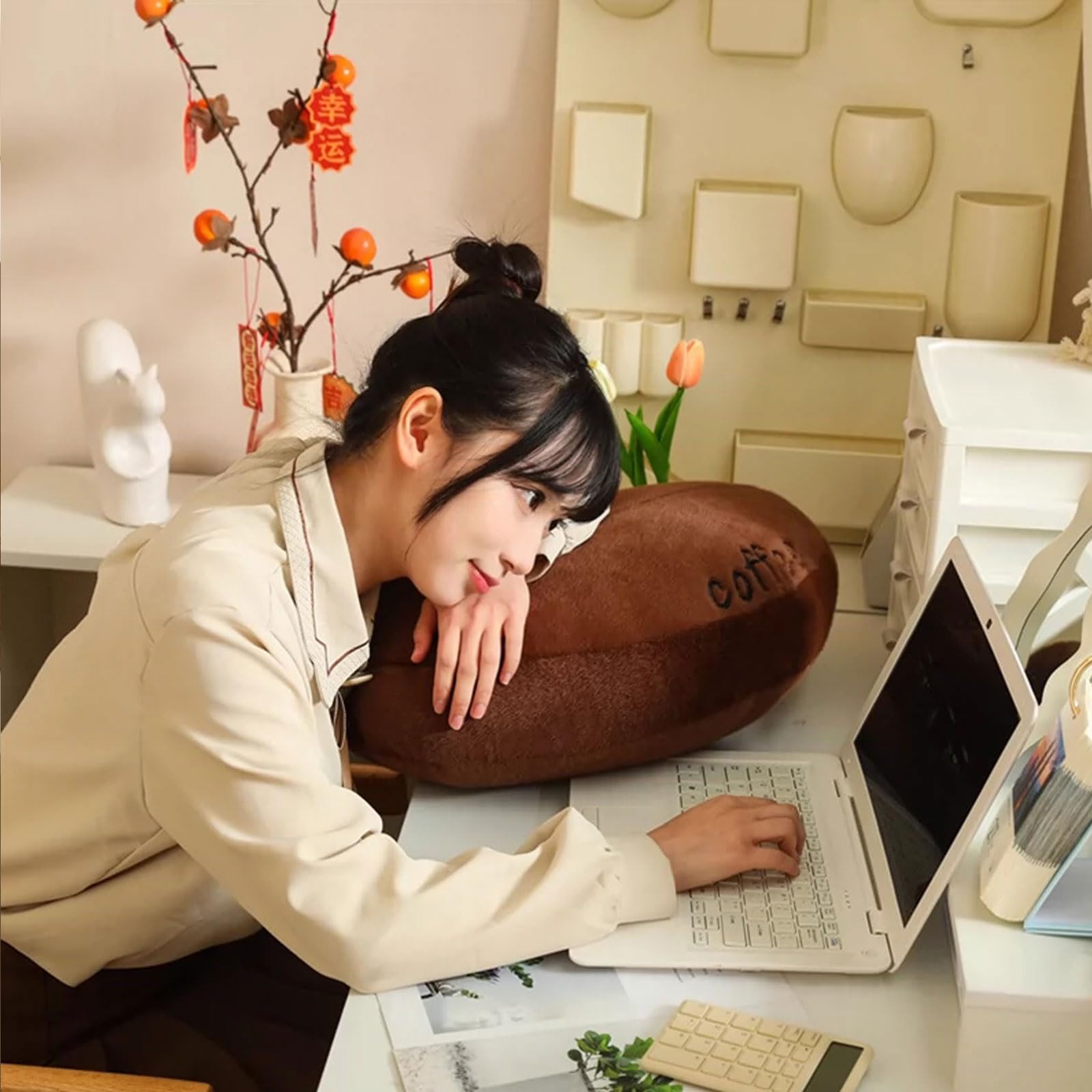 TZMAPU Coffee Bean Plush Pillow, Cute Stuffed Coffee Bean Sofa Cushion, Fruits Doll Toy, Cozy Pillow for Sofa, Office, Cushion, Lounge, Gifts for Kids and Adults(Coffee Color,20inch)