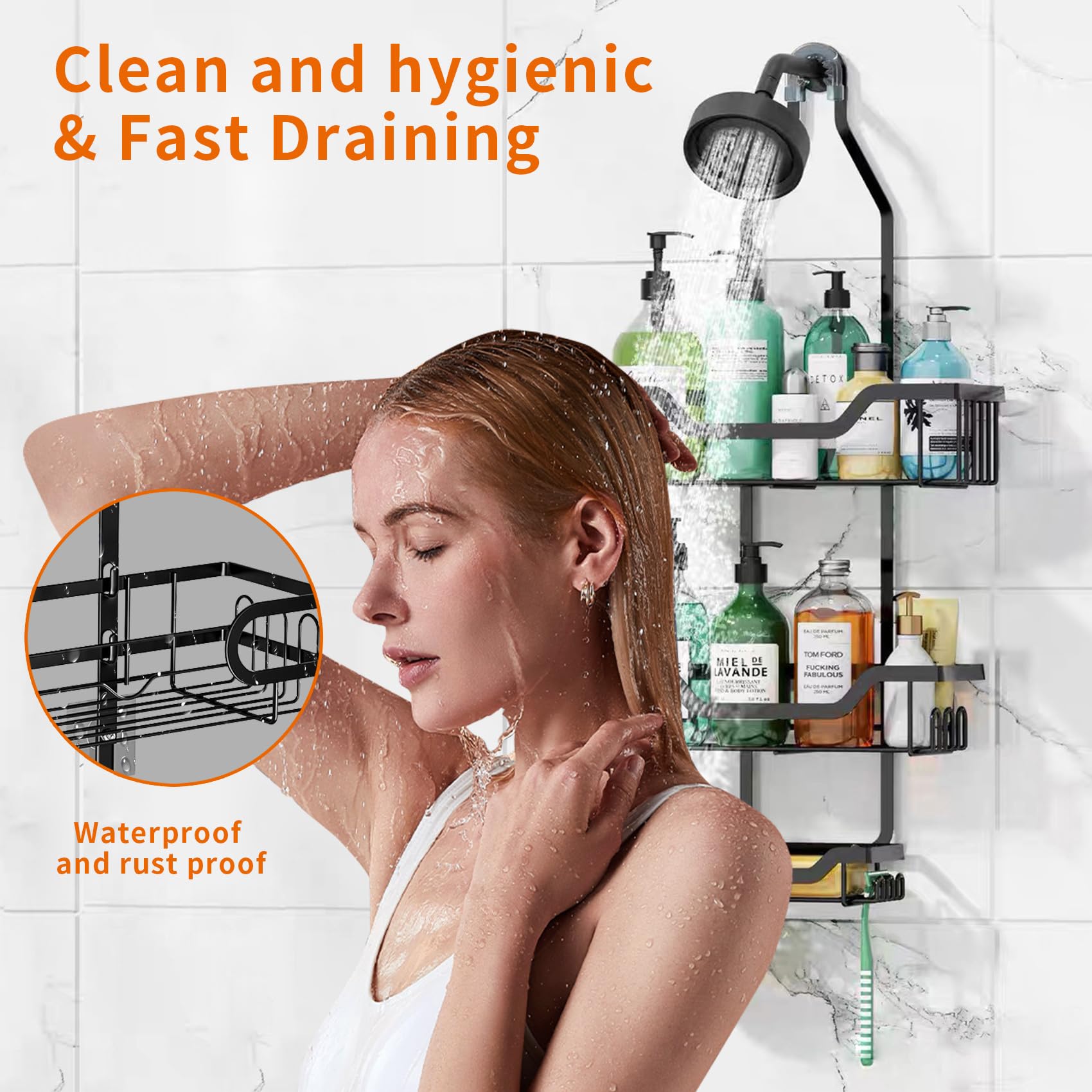 XAZSKJYXGS shower caddy hanging with 16 Hooks, 3-Tier shower organizer hanging with Soap Holders, Removable shower organizer hanging, No Drilling shower caddy hanging shower head