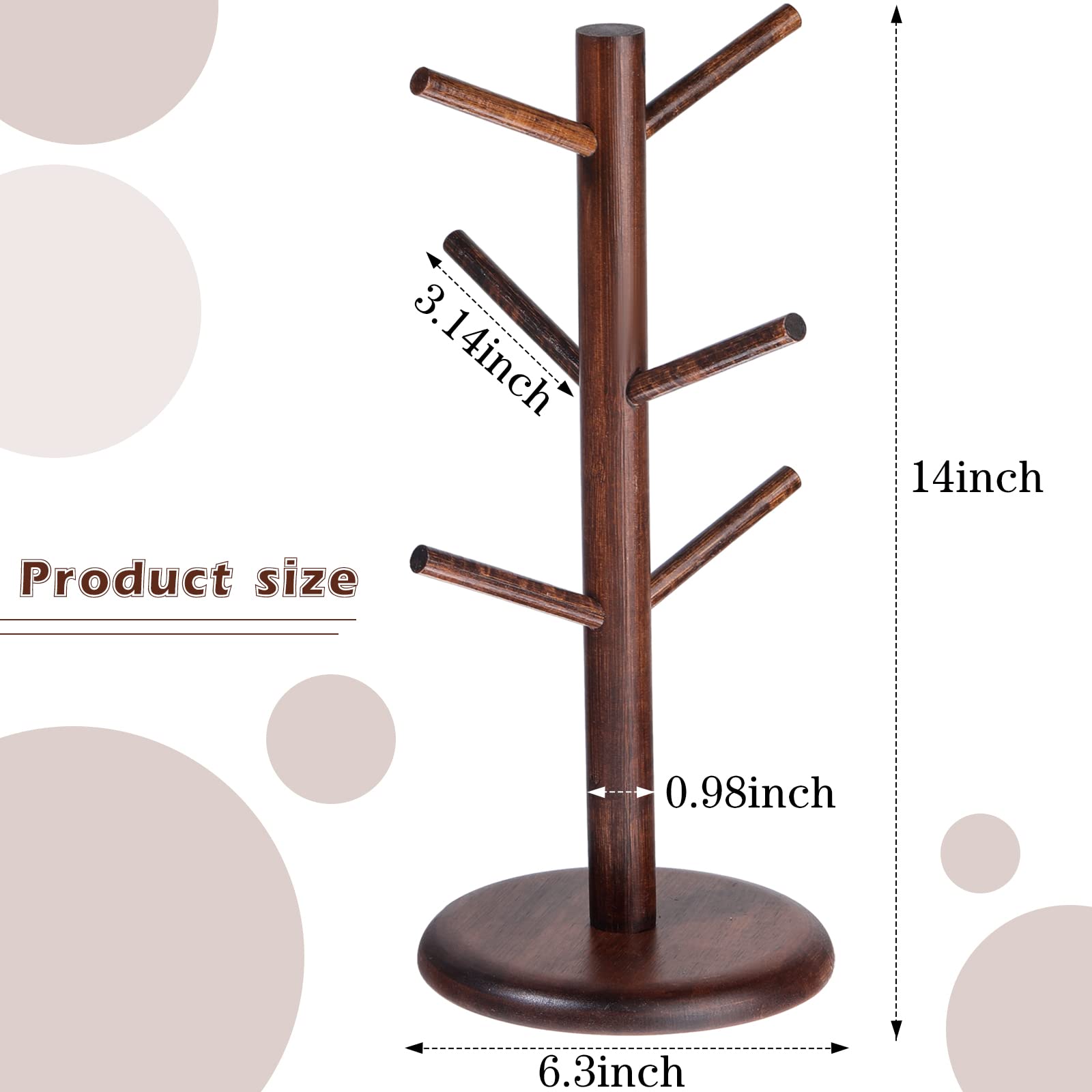 Patelai Coffee Mug Tree with 6 Hooks Wood Mug Holder Tree Mug Stand Hanger Kitchen Coffee Mug Tree Countertop Tea Cups Holder Stand 14 Inch Removable Mug Stands(Brown)
