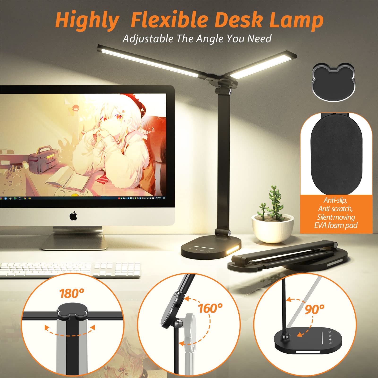 LED Desk Lamps for Home Office, Dual Swing Arm Desk Light, Dimmable Desk Lamp with USB Charging Port, Office Lamp with Night Light, 1H Timer, 5 Color Modes 5 Brightness Levels, Eye-Caring Table Lamp