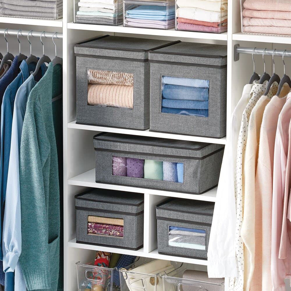 mDesign Soft Fabric Stackable Closet Storage Organizer Box with Clear Window and Attached Hinged Lid for Bedroom, Hallway, Entryway, Closets, 4 Pack - Cream/Espresso Brown