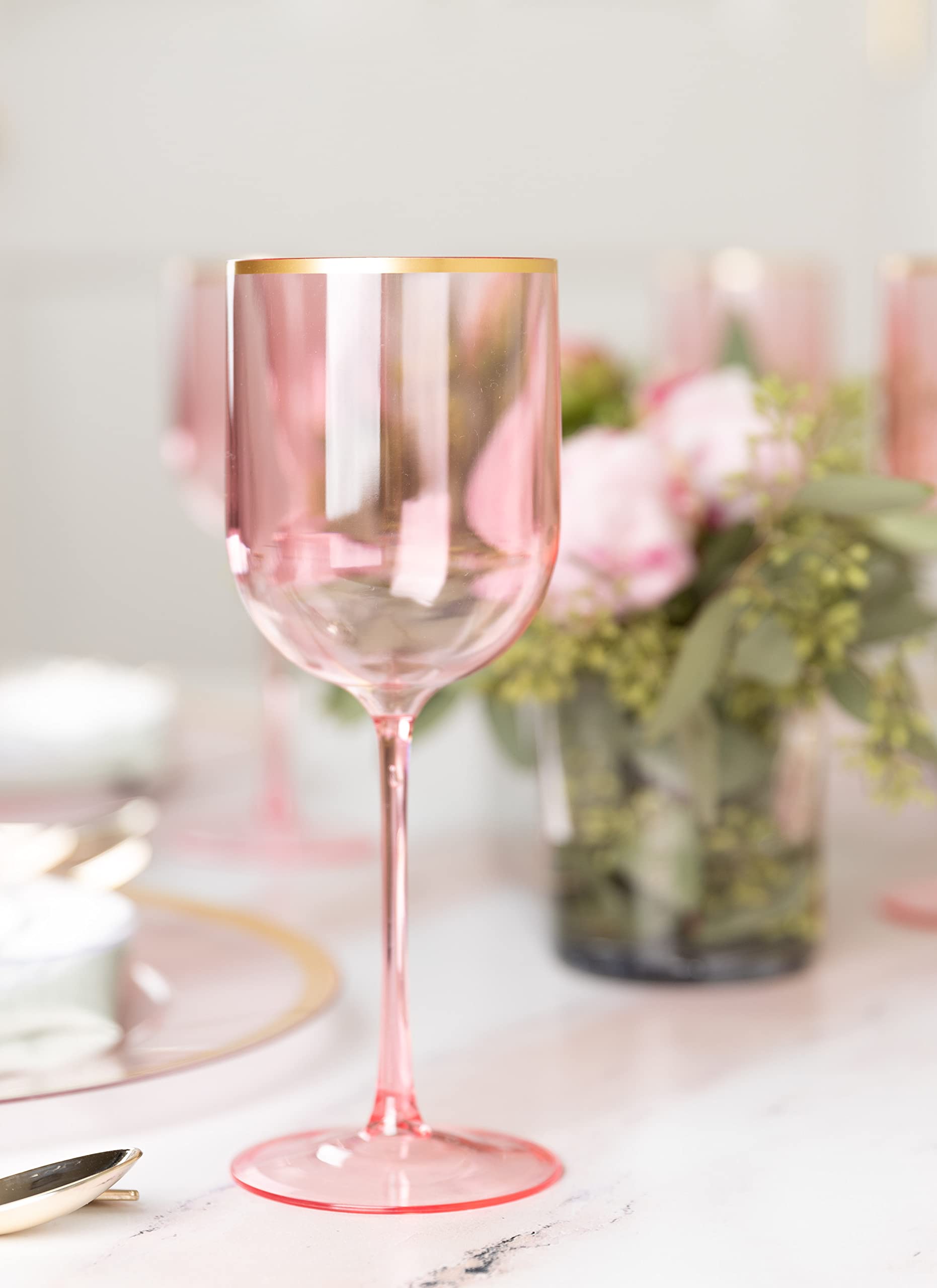 PARTY BARGAINS 5 Wine Goblets - Pink Gold Rim (12oz) - Disposable Shatterproof Elegant Design Plastic Wine Glasses with Stem - For Pool Parties, Outdoors Receptions, Weddings
