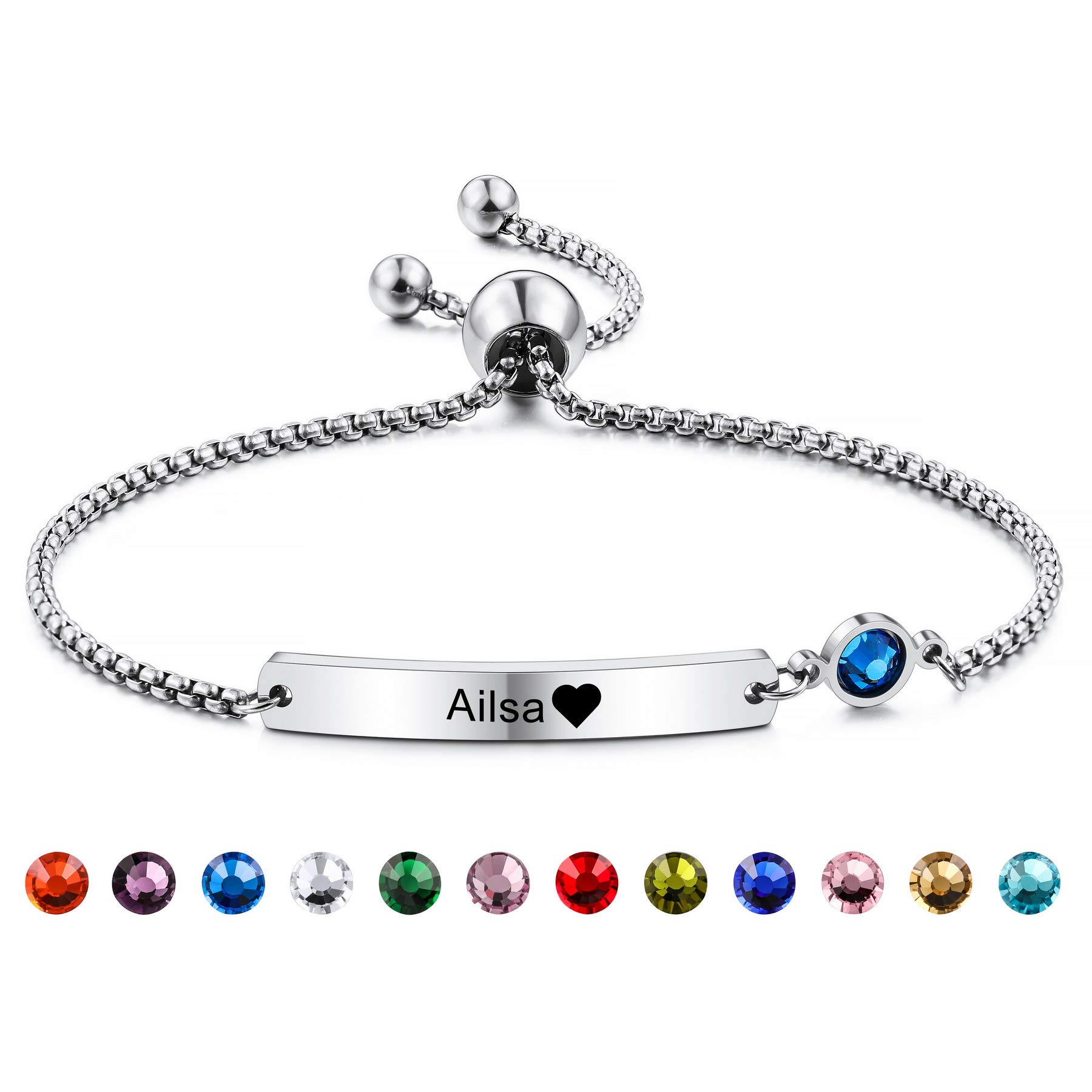 MeMeDIY Personalized Birthstone Bracelets Customized Gift Birthday Engraving for Women Girlfriend Mom Auntie Sister Best Friend Stainless Steel Friendship Adjustable (Silver Color)