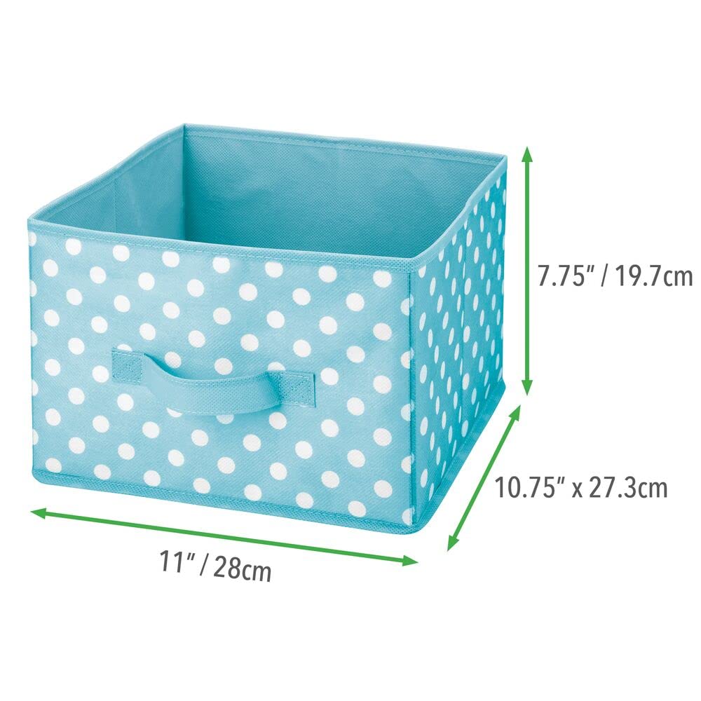 mDesign Soft Fabric Closet Storage Organizer Holder Box Bin - Attached Handle, Open Top, for Child/Kids Bedroom, Nursery, Toy Room - Fun Polka Dot Print - Medium, 2 Pack - Turquoise Blue/White Dots