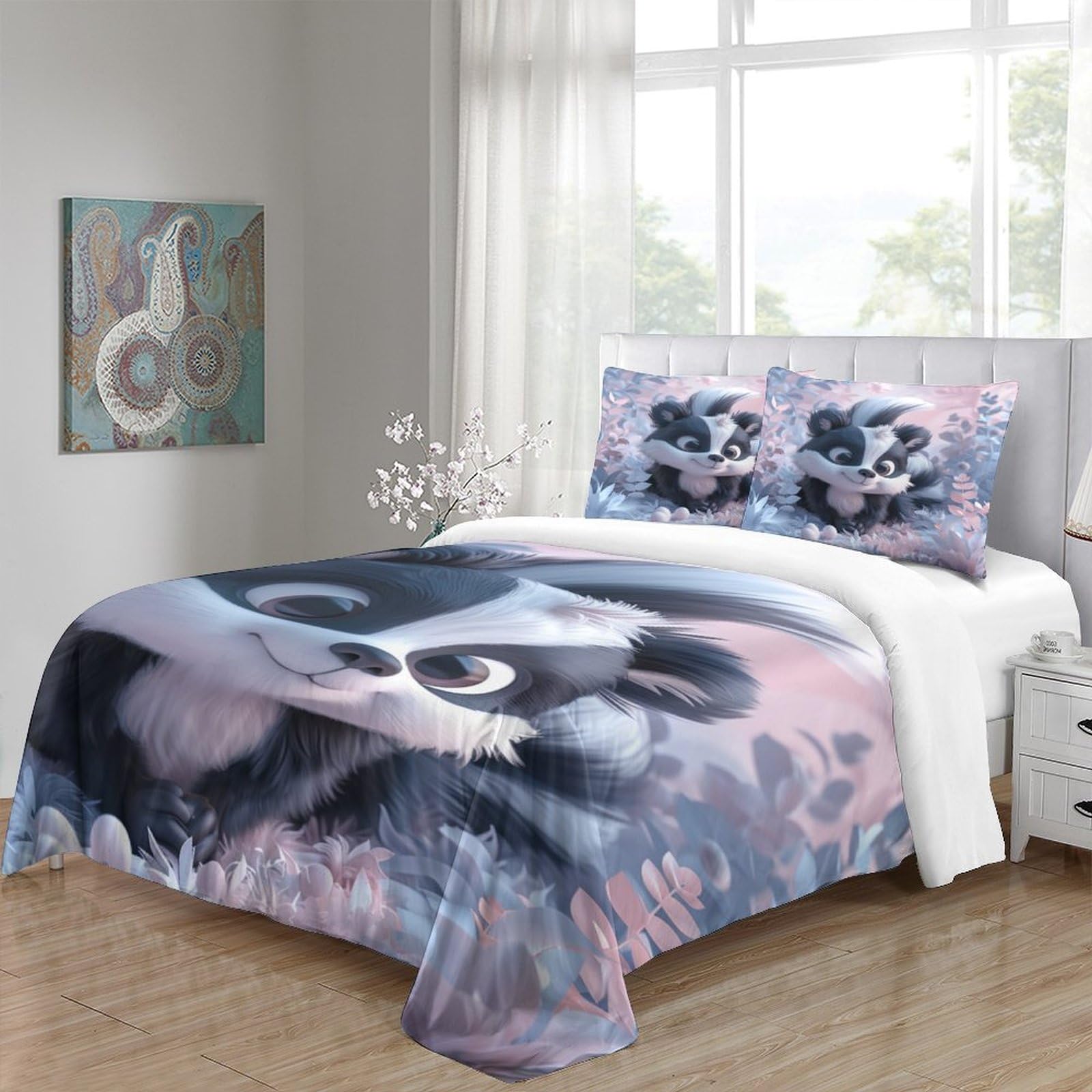 THUBDYEA Skunk Bedding Set 3D PrintedSiberian Sled Dog Quilt Cover Comforter Covers Duvet Cover for Childrens and Adults with Pillowcases Microfiber 3 Pieces with Zipper Closure Queen(228x228cm)