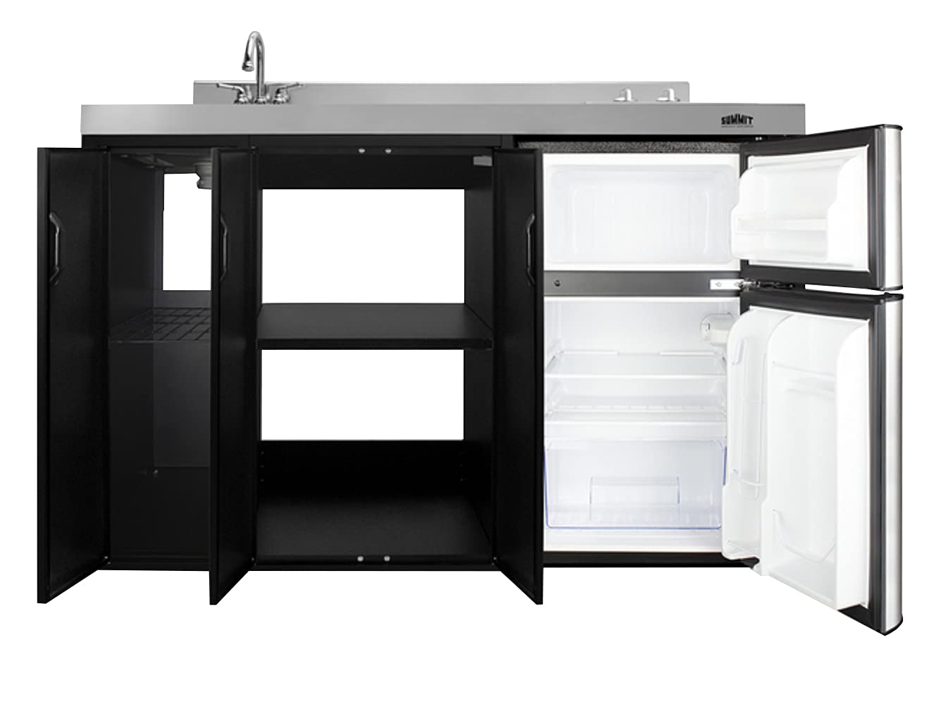 Summit Appliance CK54SINKL 54 Wide All-In-One Kitchenette, Stainless Steel Sink and Faucet, 2-door Refrigerator-freezer, 2-burner Smooth-top Cooktop, Storage Compartments, 115V Operation, Black