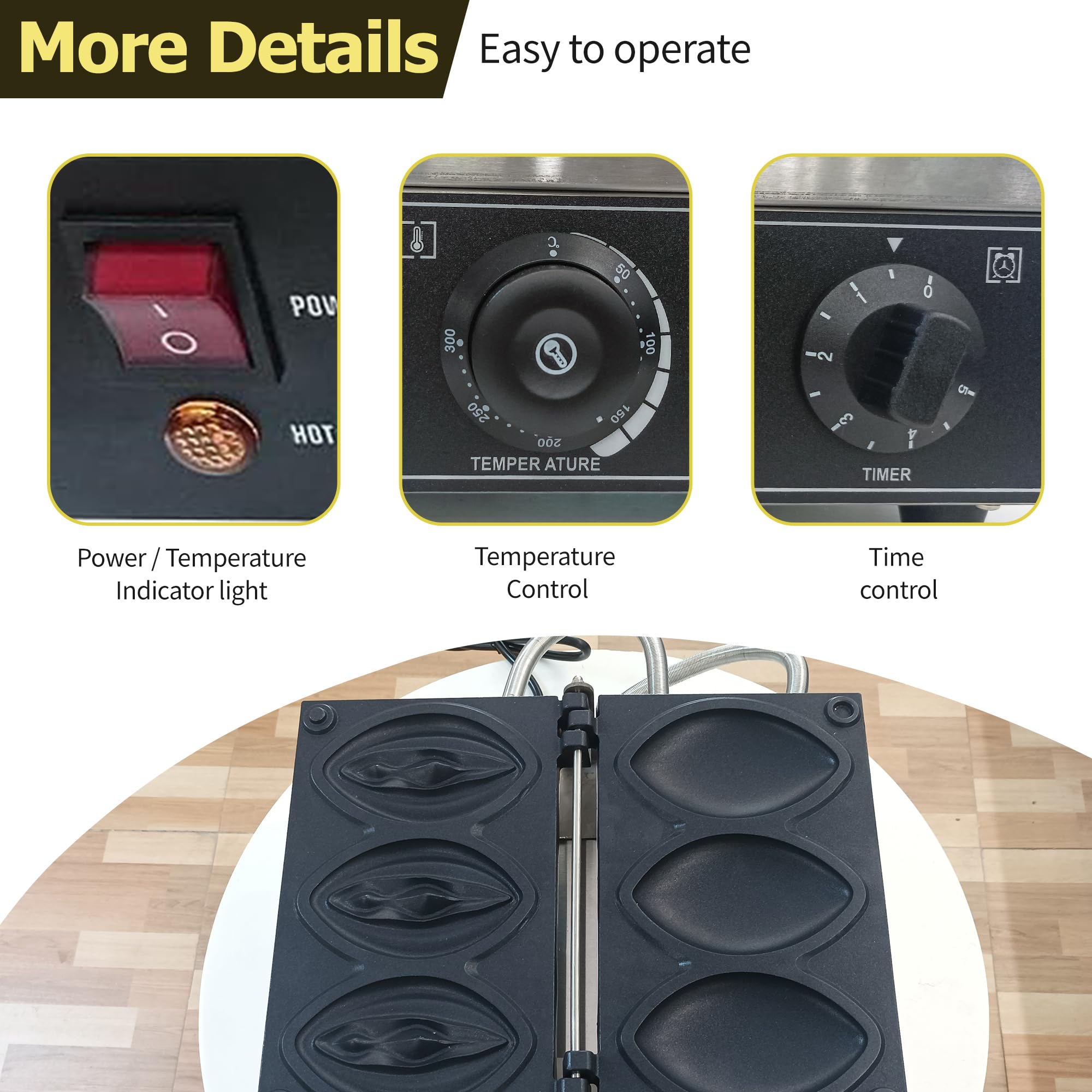 Vaseni Commercial Abalone Shape Waffle Maker Machine, 3 PCS Strange Shaped Electric Vagina Waffle Machine, Hot Dog Baker Maker, Strange Waffle Iron Non-Stick Inner, Temperature Control