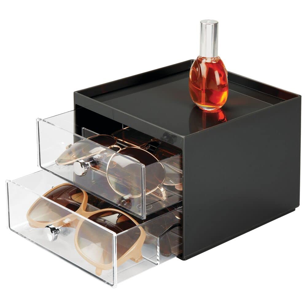 mDesign Stackable Plastic Eye Glass Storage Organizer Box Holder for Sunglasses, Reading Glasses, Lens Cleaning Cloths, and Accessories - 2 Divided Drawers, Chrome Pulls - Black/Clear