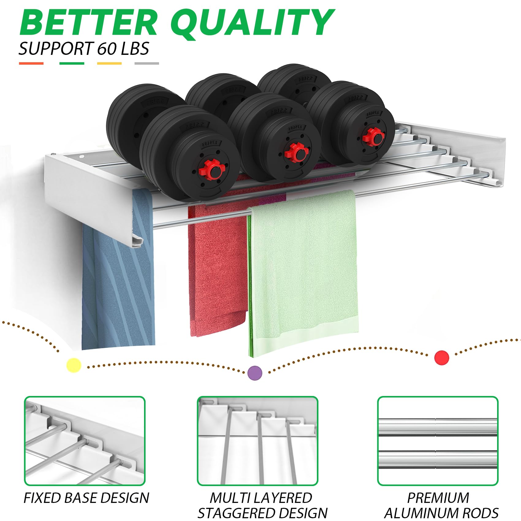 LEPump Wall Mounted Drying Rack, Step Up Laundry Drying Rack, Collapsible Clothes drying Hanger, 60Lbs Capacity, 16.5 Linear Ft, 5 Aluminum Rods, with Wall Template (White-80)