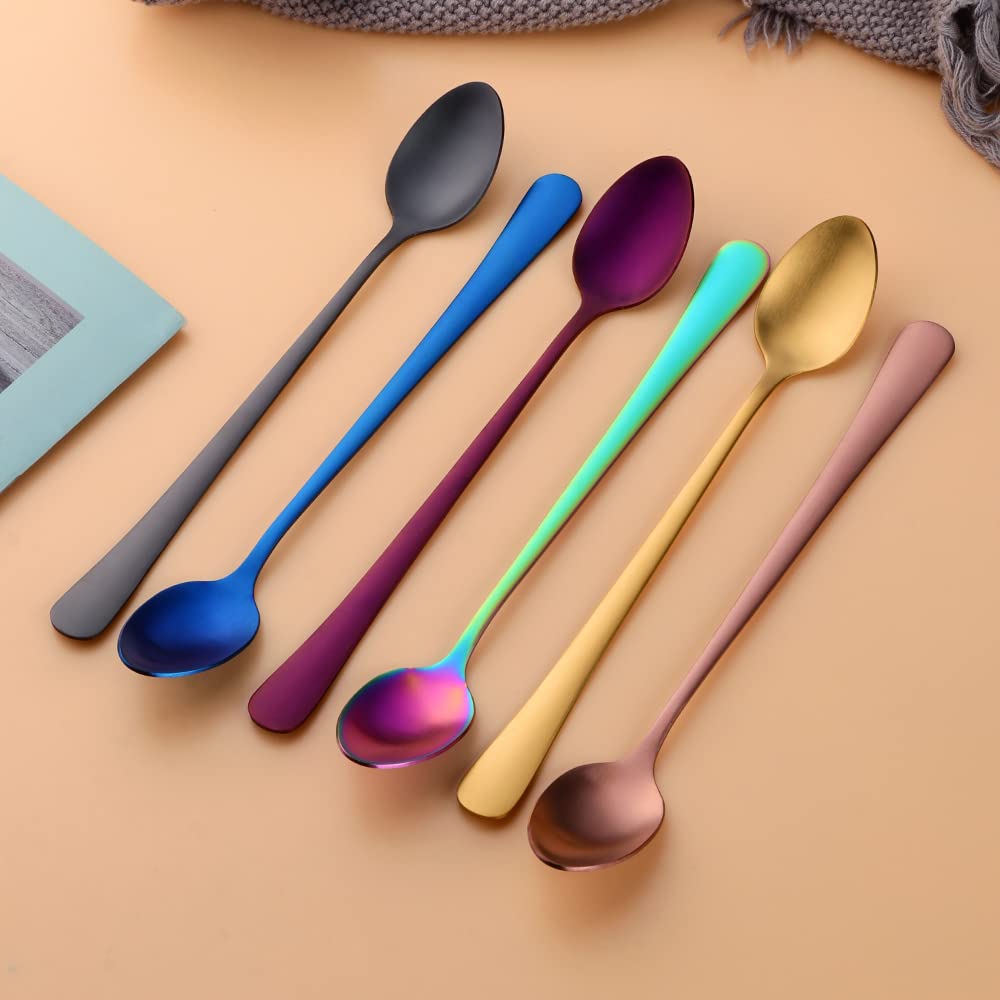 MINGYU 7.87-Inch Ice Tea Spoons Long Handle, Stainless Steel Ice Cream Spoon Matte Finish Colorful Cocktail Stirring Spoons Set of 12, 6