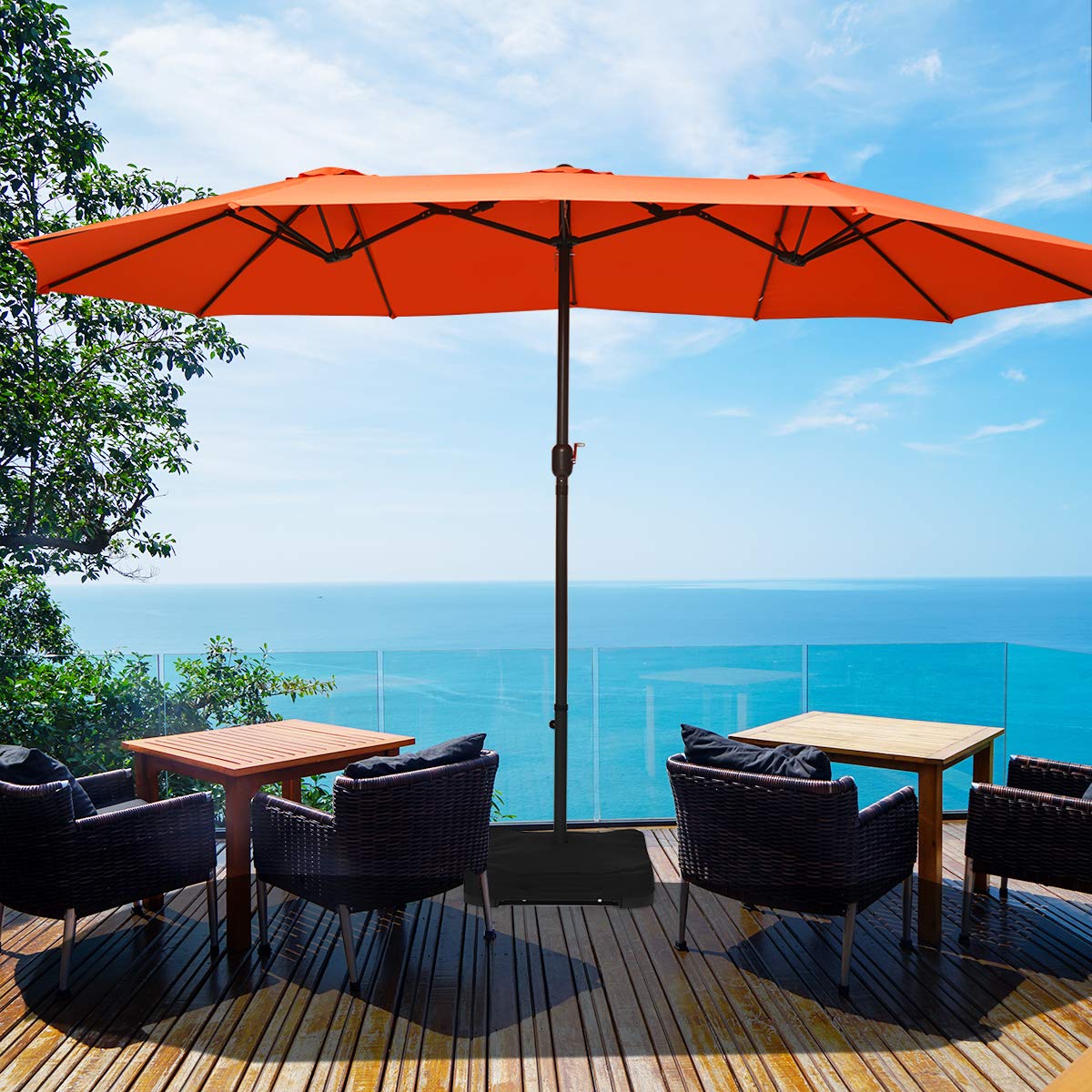 Tangkula 15 Ft Patio Double Sided Umbrella with Base, Extra Large Market Outdoor Twin Table Umbrella with Crank Handle
