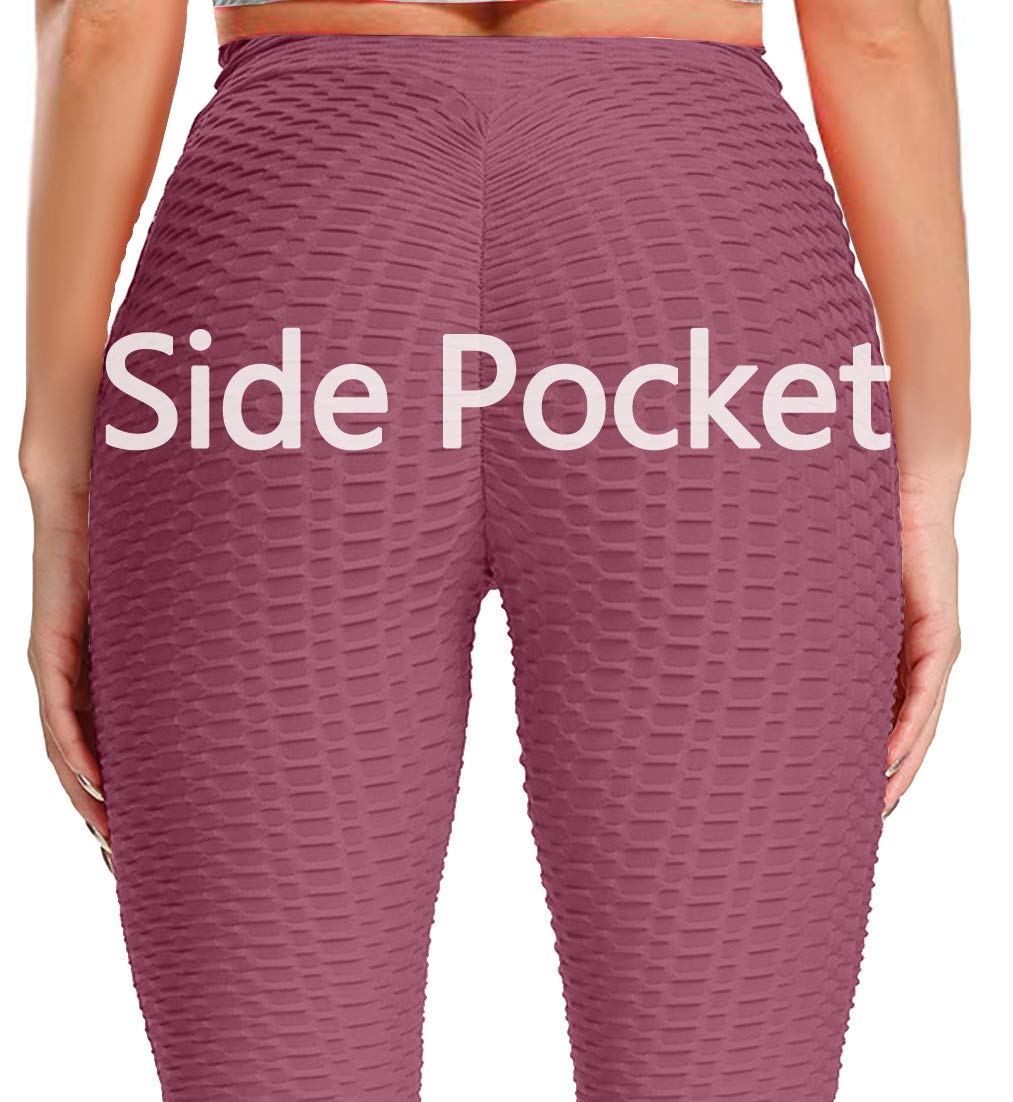 Memoryee Women's High Waist Yoga Pants Butt Lifting Slim Leggings with Pockets/Bean Paste/L