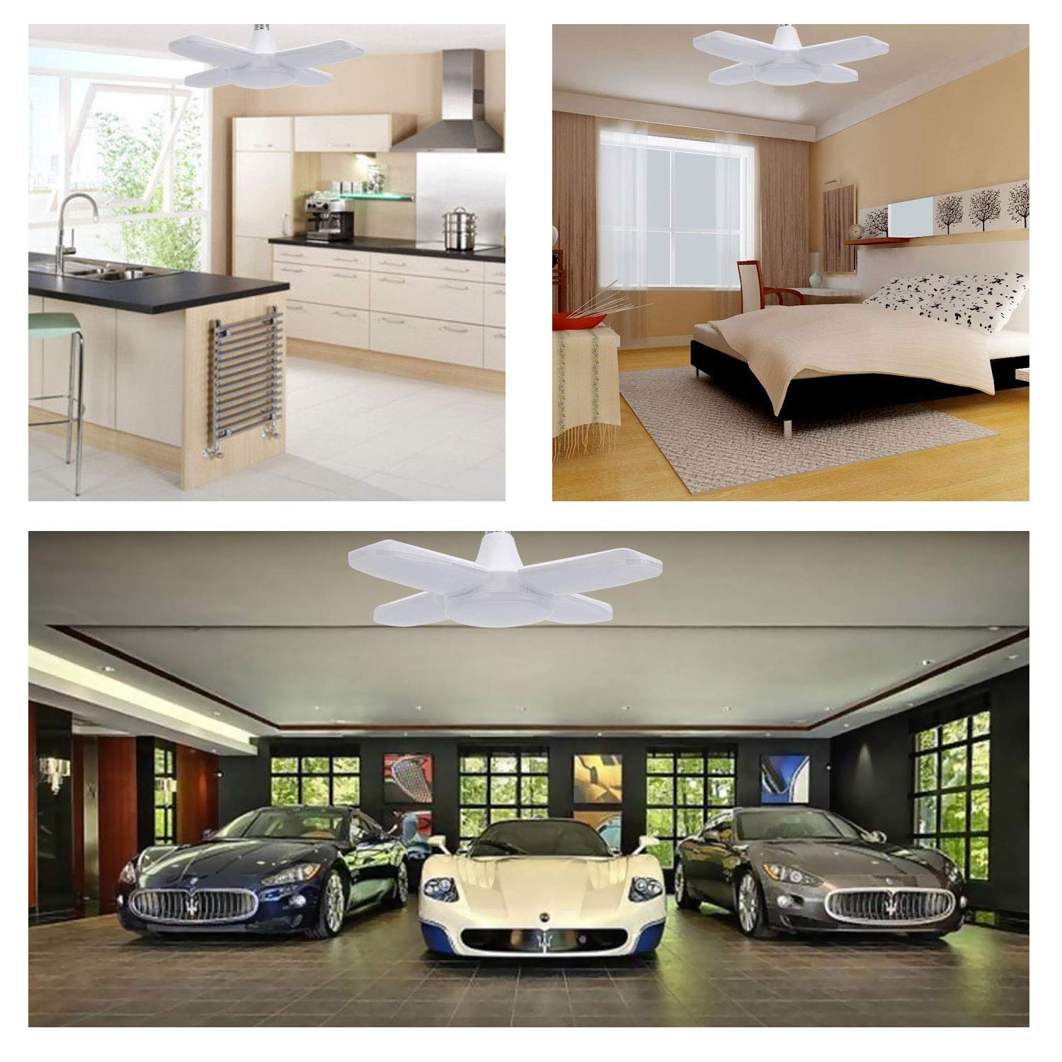 LED Garage Lights 60W E27/E26 Deformable Led Garage Ceiling Lighting 5500LM Daylight Light Bulbs LED Shop Lights for Garage,Warehouse,Workshop,Barn,Full Area,Basement (6000K-6500K,4 Adjustable Panel)