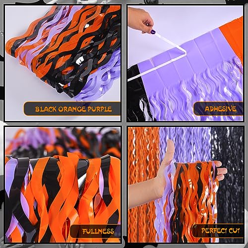 Mega-L Halloween Foil Fringe Curtains, 3 Pack Orange Purple Black Photo Booth Props, 18 Pcs PVC Bat & Spider Stickers Wall Decals, Halloween Photo Backdrop Wall Decor for Halloween Party Decorations