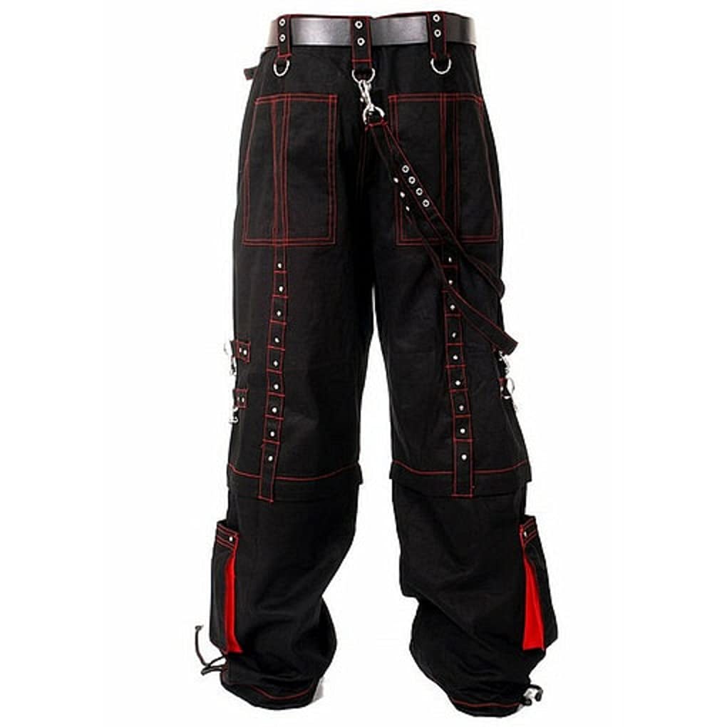 Men Gothic Bondage Trouser Cyber Red Thread Shorts Metal Studs Trouser Pant/USA (32)
