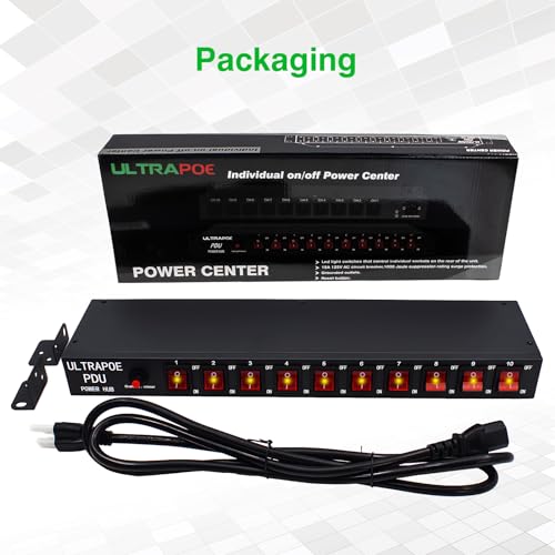 UltraPoE 10 Outlets 1U Rack Mount Power Strip, 100-240V/15A/1800 Joules,for Network Server Racks - Surge Protector,6FT Power Cable,Rack Mount Power Strips with 10 Individual Switch