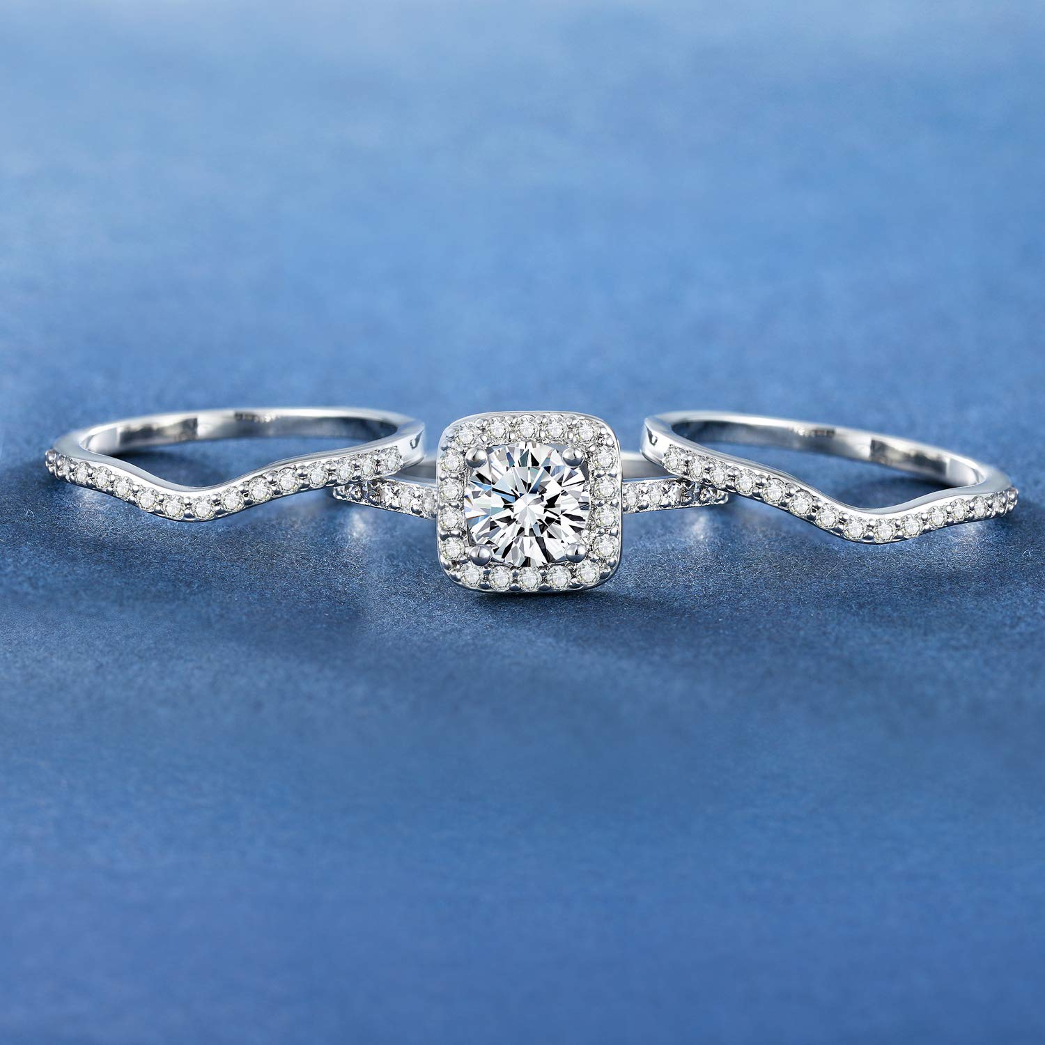 MDFUN 18K White Gold Plated Cubic Zirconia Three-in-One Halo Wedding Engagement Promise Eternity Ring for Women (6)