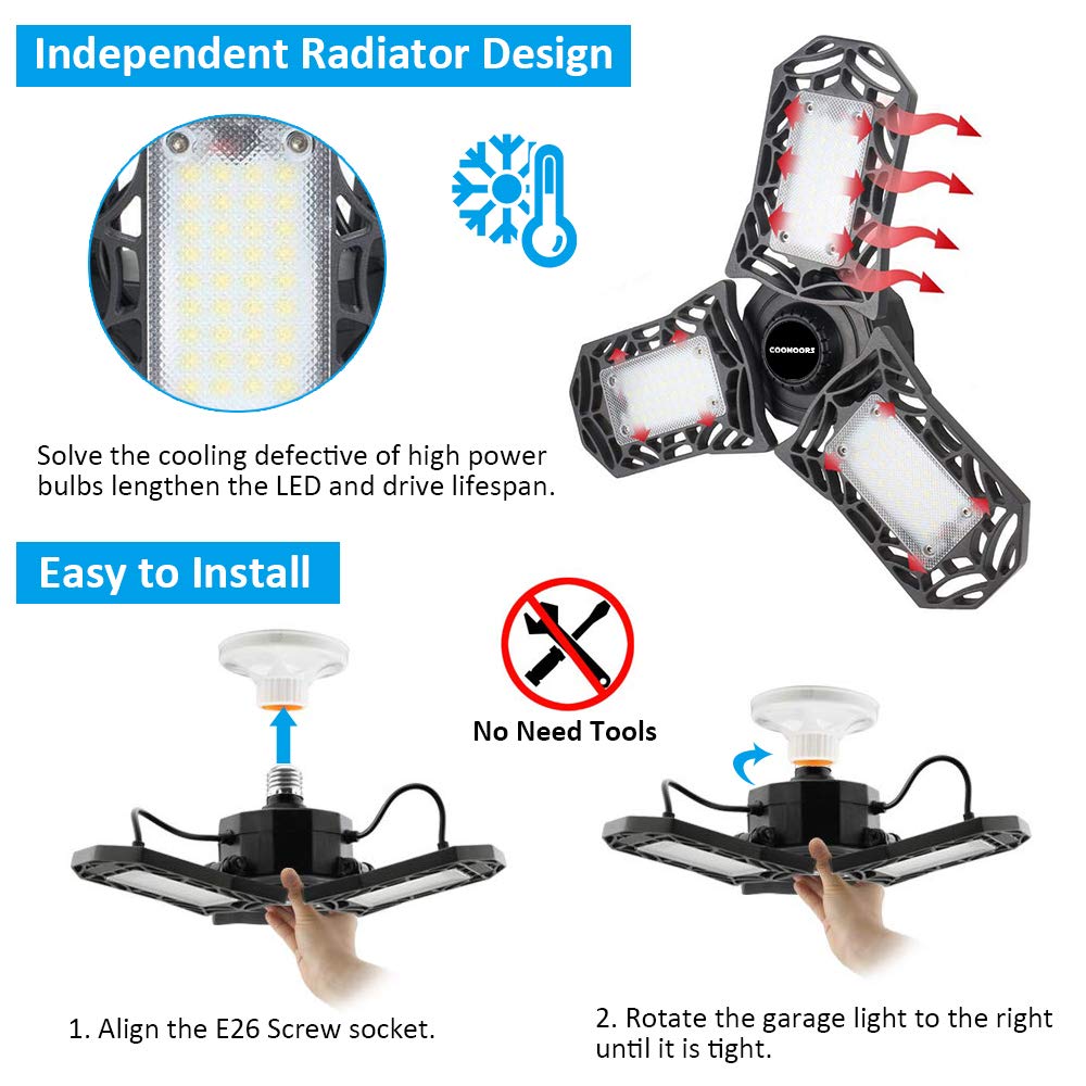 LED Garage Lights Motion Activated,60W Deformable LED Garage Ceiling Lights with 3 Adjustable Panels,Utility Shop Light for Warehouse Basement Corridor Etc(Motion Detection)