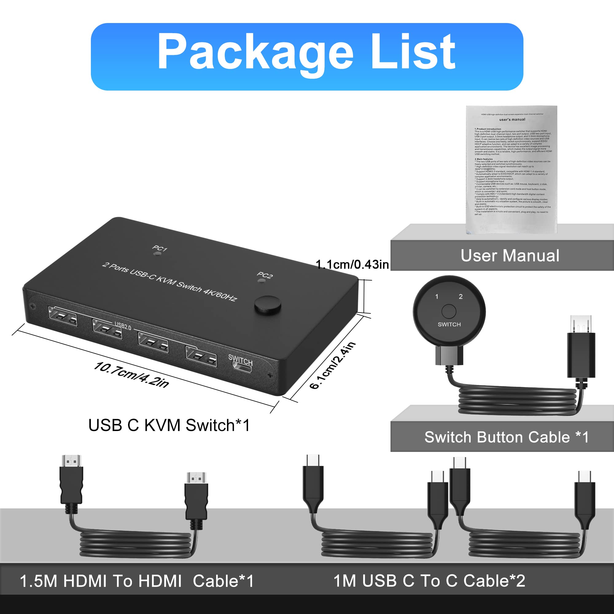 USB C KVM Switch 4K@60Hz, USB C Switcher for 2 Computers Share 1 HDMI HD Monitor and 4 USB Devices, with 100W Power Delivery, USB-C Switch with USB-C Cable, HDMI 2.0 Cable
