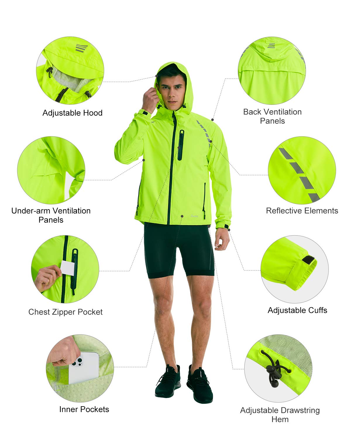 Men’s Cycling Running Jackets Waterproof Windbreaker Lightweight Hooded Packable High Visibility Bike Biking Bicycle Breathable Rain Jacket Reflective Windproof Raincoat Fluorescent Yellow XXL
