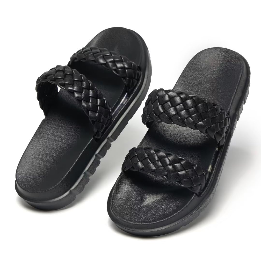 MEGNYA Soft Walking Thickening Sandals for Cushion, Womens Open Toe Ankle Strap Slides, Lightweight Platform Sandals for Poolside, Relaxed fit Black Size 8