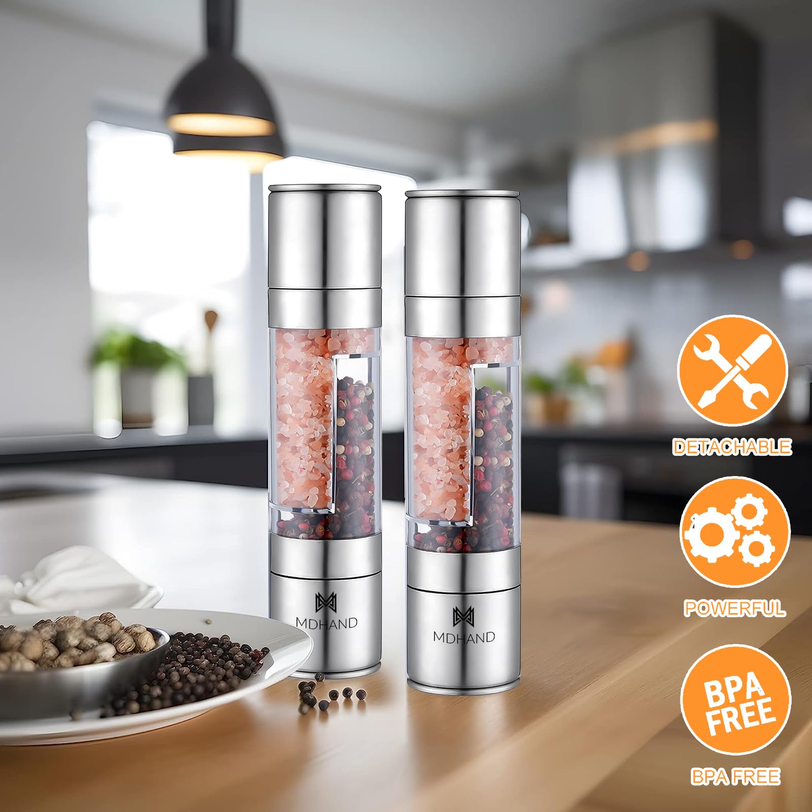 MDHAND Manual Salt and Pepper Grinder Set, 2 IN 1 Pepper Grinder & Salt Grinder with Adjustable Coarseness, Pepper Mill Shaker Salt and Pepper Grinder For Kitchen