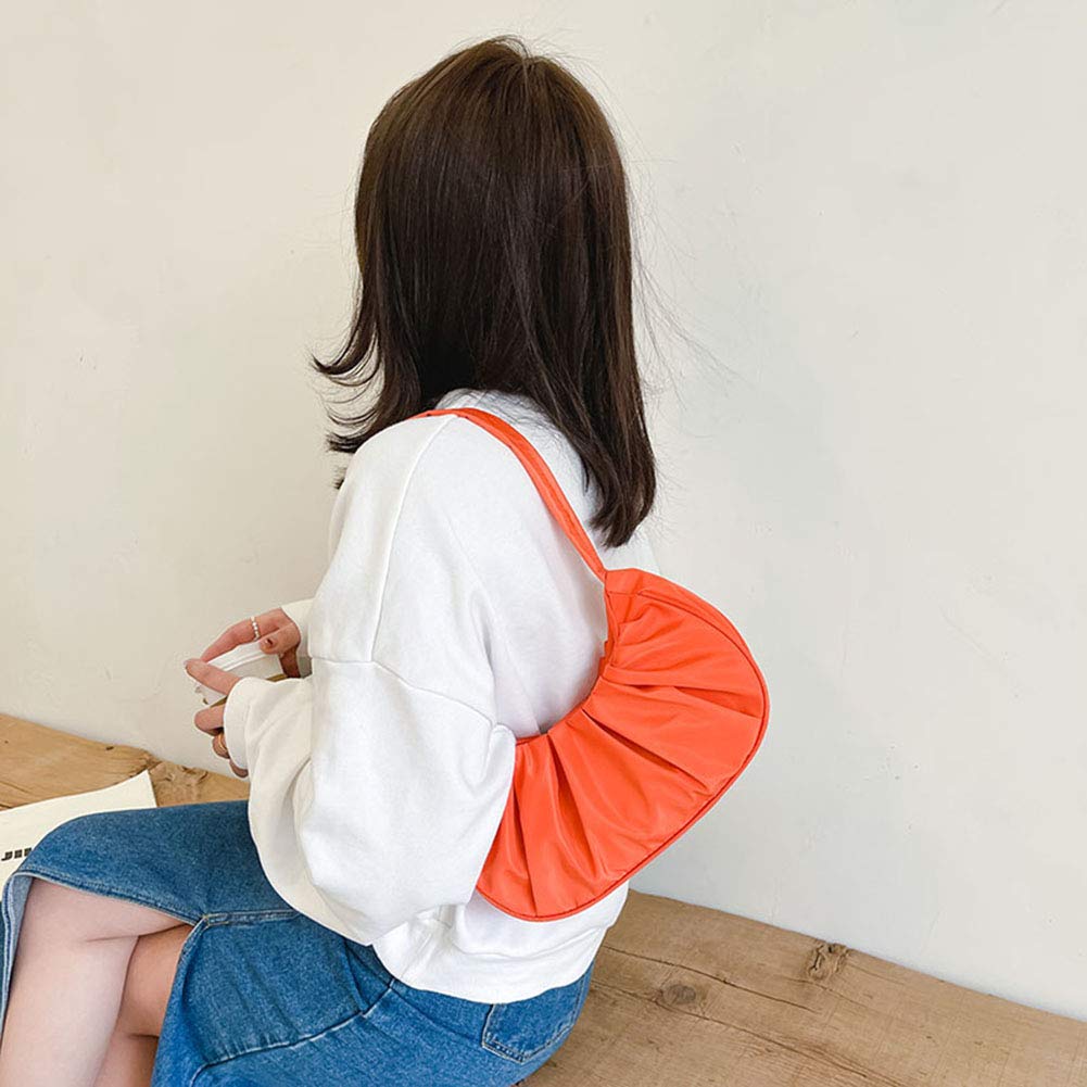 Small Shoulder Bags for Women Solid Color Pleated Cloud Underarm Handbag Totes, Orange, 21 x 18 x 5cm