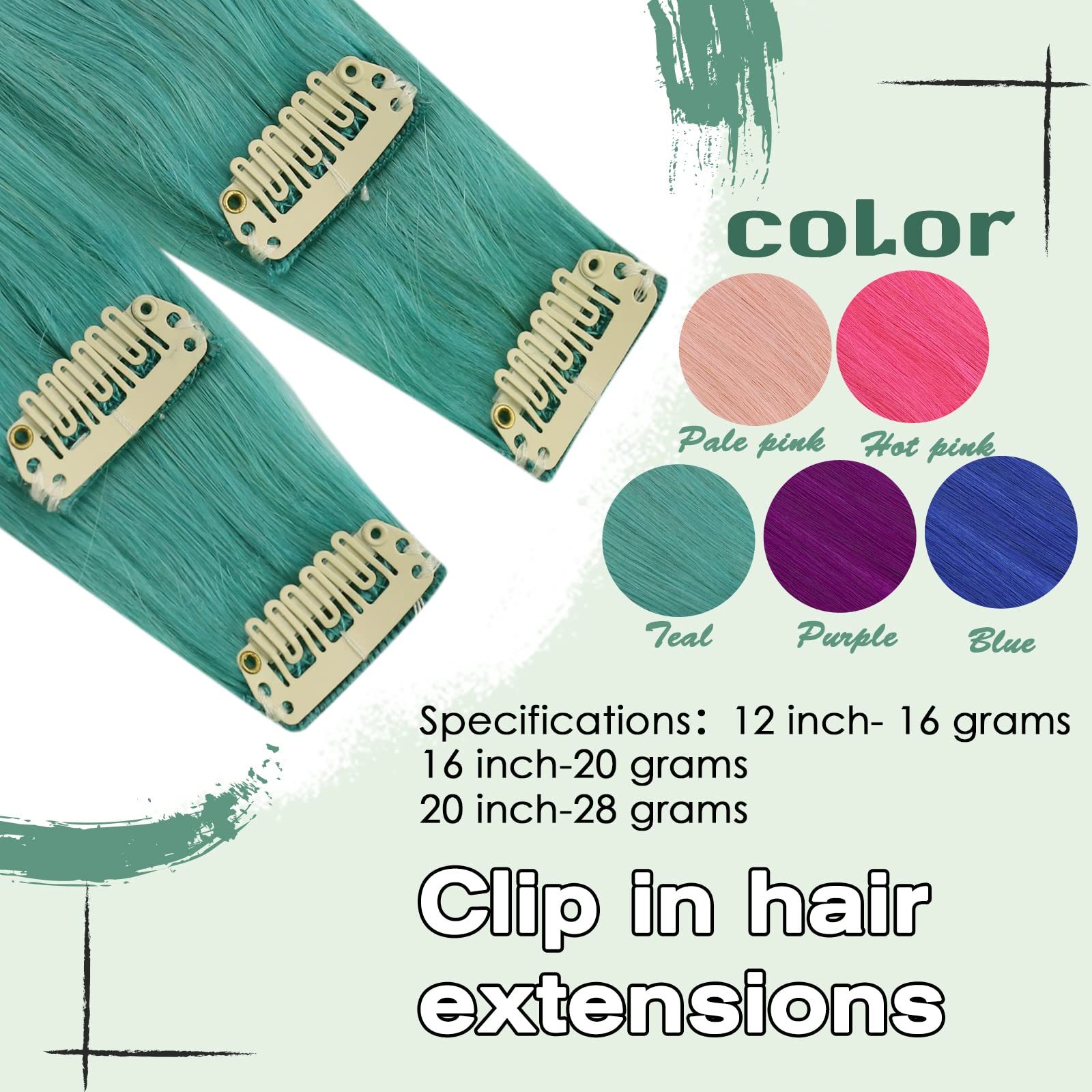 Ugeat Clip in Extensions 12 Inch Real Human Hair Extensions Teal Hair Extensions Clip in 16 Grams Per Pack Colored Clip in Hair Extensions 4Pcs