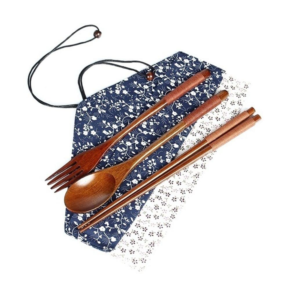 Leadigol Wooden Fork and Spoon Chopsticks Tableware Kitchen Dinnerware Set With Cloth Bag Travel Gift Cooking Tools Portable Flatware Bags