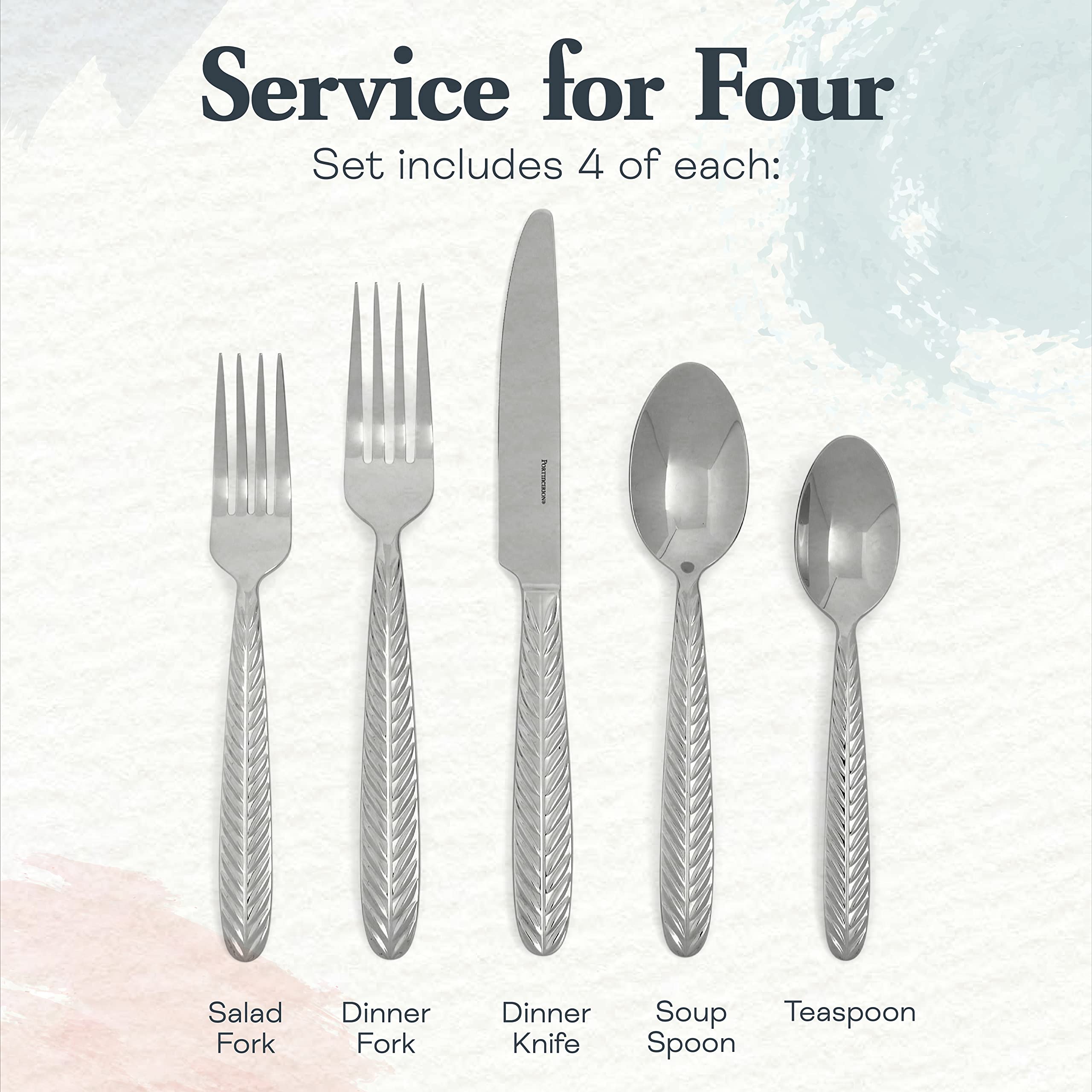 Portmeirion Botanic Garden Flatware Set Service for 4 | Utensil Sets - Dishwasher Safe | Silverware Sets - 18/10 Stainless Steel | Cutlery Set with Triple Leaf Detailing | 20 Piece Set