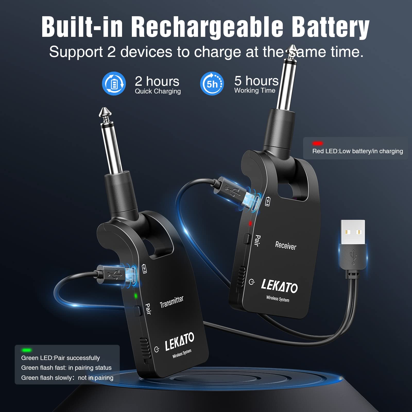 LEKATO Wireless Guitar System 2.4GHz Wireless Guitar Transmitter Receiver with 6 Channels Rechargeable Wireless Audio Digital Guitar System 100 feet Transmission Range for Electric Guitar Bass