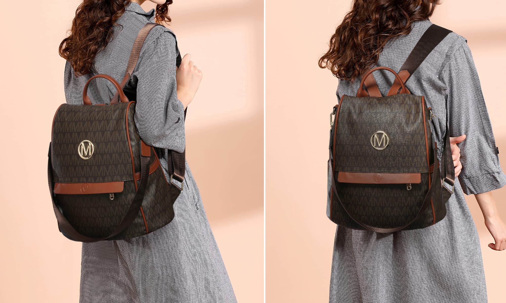 MKP Women Fashion Medium Anti-theft Backpack Purse (Coffee and Pink)