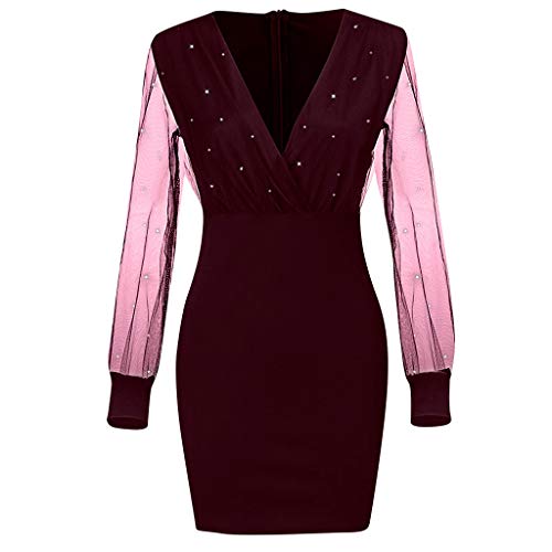 Pinkpaopao Pearl Mesh Elegant Dress for Women Lace Long Sleev V Neck Solid Color Slim Wrap Dress