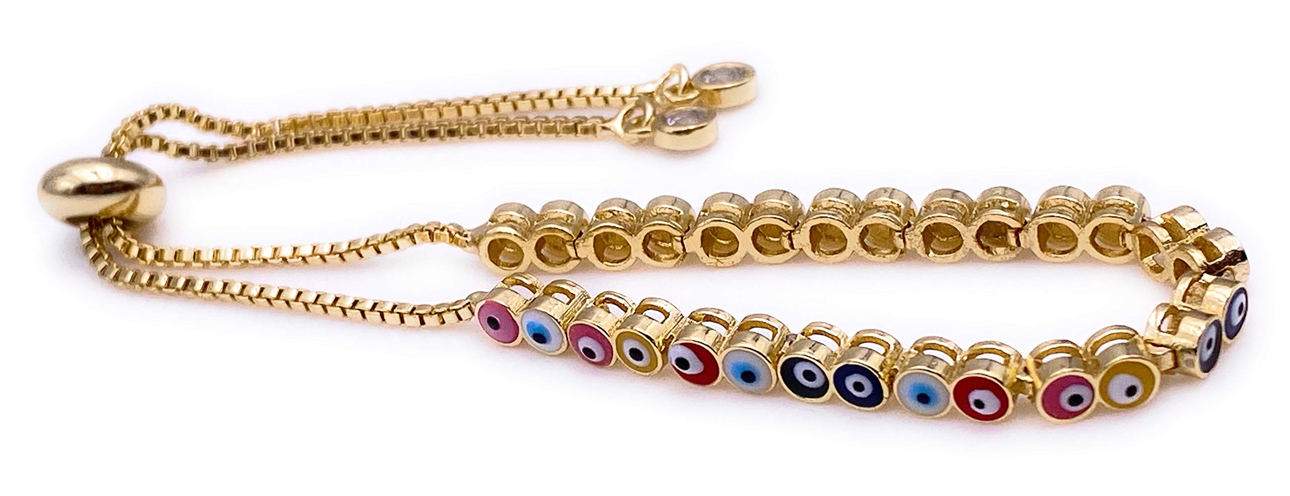 LESLIE BOULES Multicolored Strand Evil Eyes Bracelet 18K Gold Plated Adjustable Chain Protection Jewelry