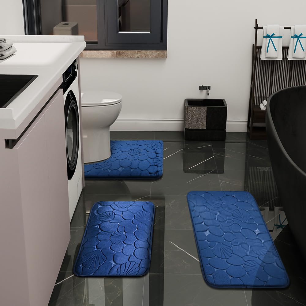Navy Blue Memory Foam Bathroom Rugs Sets 3 Piece with Rubber Backed Non Slip Washable Bath Mat Set Include Toilet Rugs U Shaped and 2 Bathroom Floor Mat
