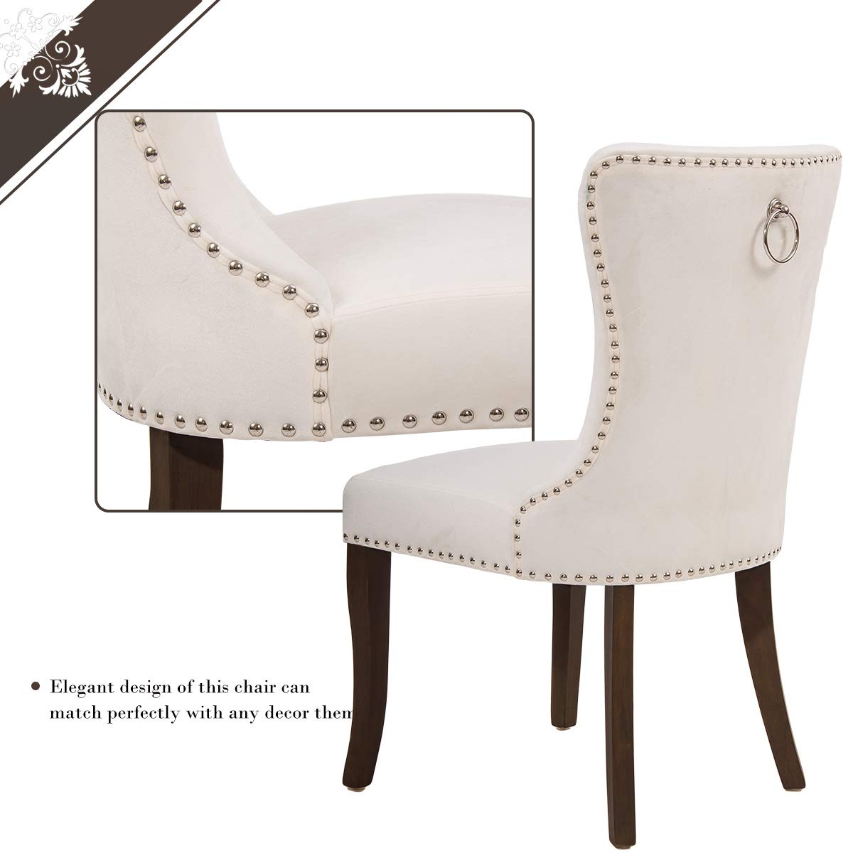 LCH Dining Set of 4, Upholstered Accent Button Tufted Armless Chair with Nailhead Trim and Back Ring Pull (Cream)