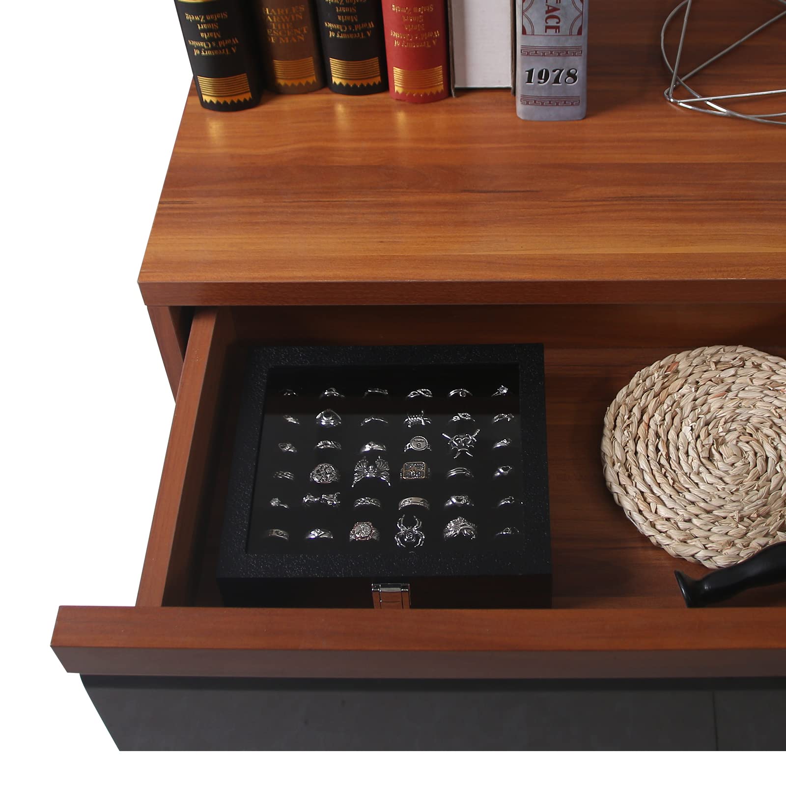 Pangkeep 42 Slots Ring Organizer Display Case,Black Jewelry Storage Tray Boxes for Multiple Rings,Glass Lid,Stackable.