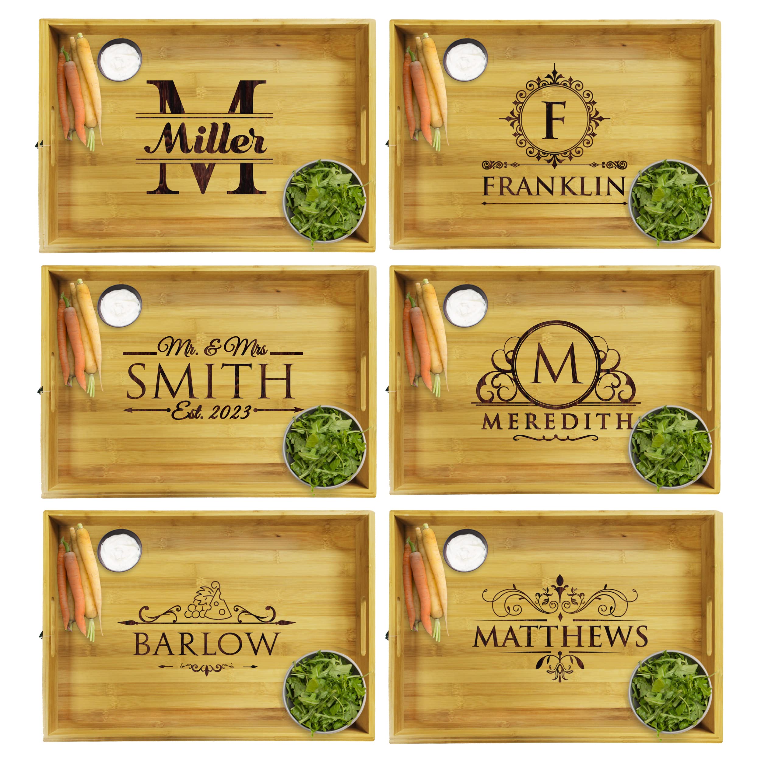 Premium Monogrammed Bamboo Wood Serving Tray with Handles - Personalized and Custom Engraved for Free