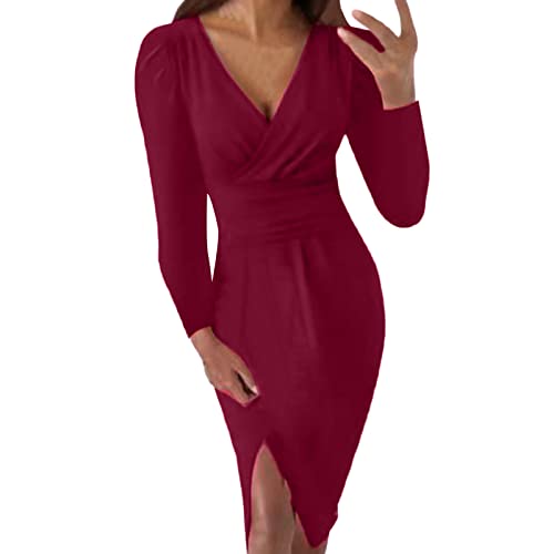 Pinkpaopao Ruched Wasited Split Dress for Women Solid Color Puff Long Sleeve Zipper Dress Deep V Neck Wrap Dress