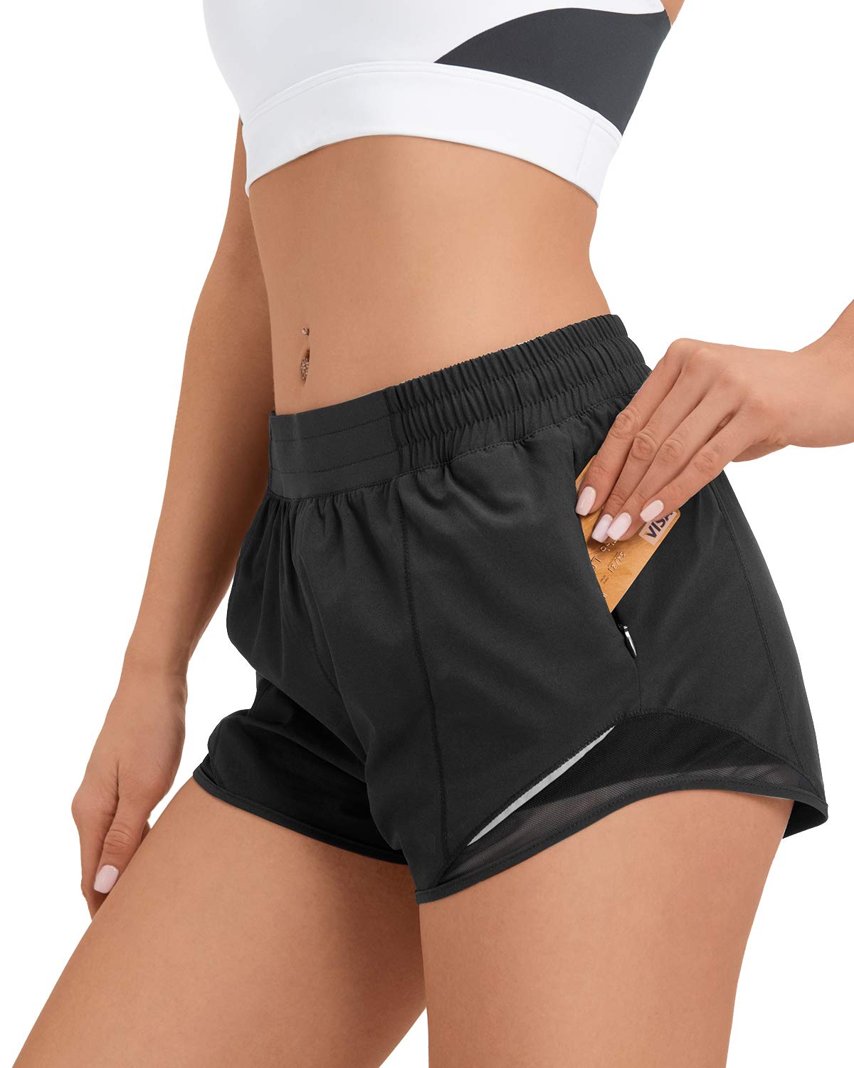 PEUSOON Women's Workout Quick-Dry Shorts, 2 in 1 Athletic Running Shorts, Elastic Drawstring Active Gym Shorts with Pockets Black