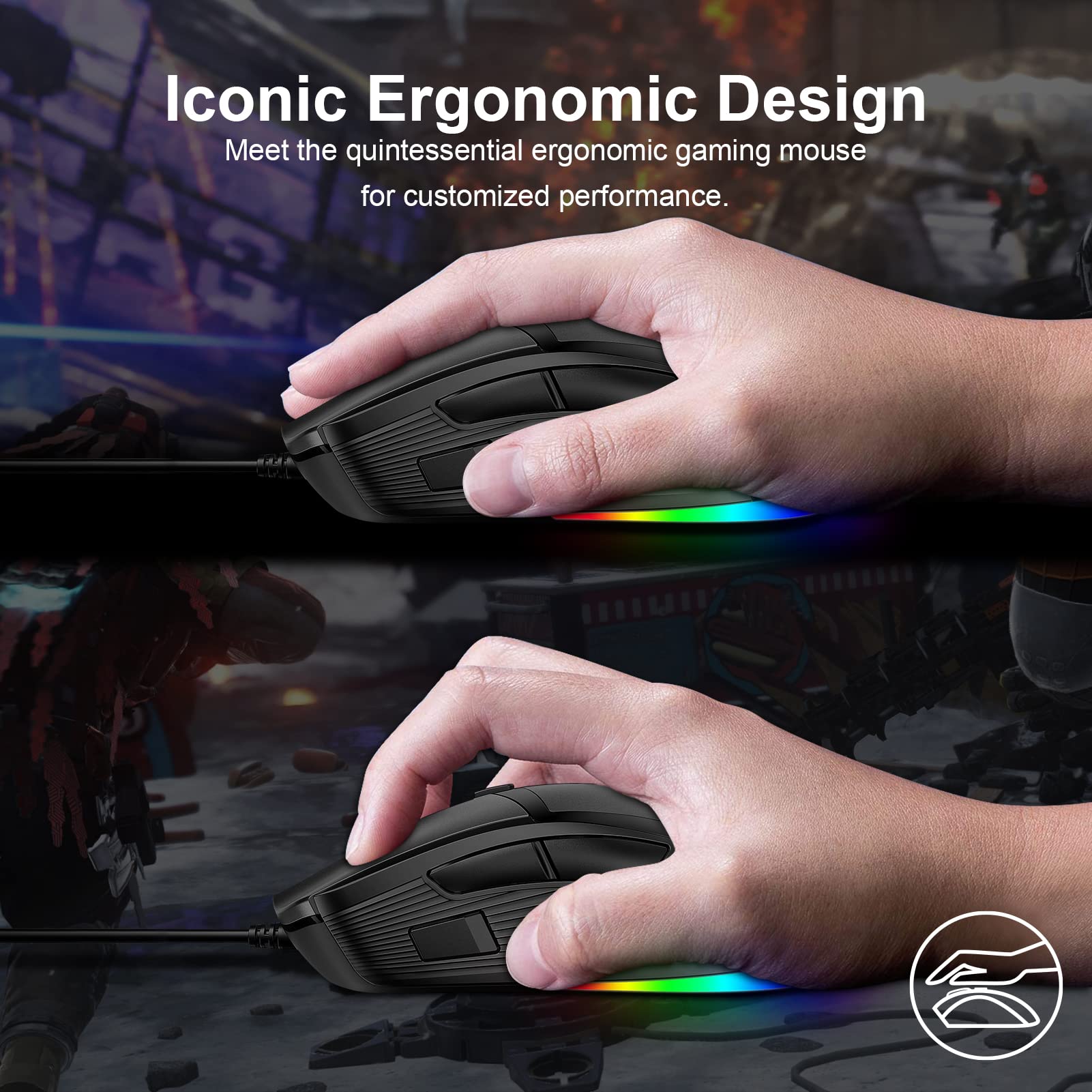 NPET M61 Gaming Mouse, 7200 DPI Optical Sensor, Chroma RGB Lighting, 7 Programmable Buttons, Anti-Slip Side Grips, Wired Mouse for FPS, MOBA, MMO